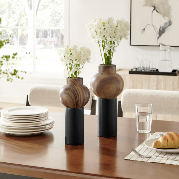 Wrought Studio™ Masanari 2 Piece Modern Two Tone Tabletop Vase Set - Black And Walnut | Wayfair
